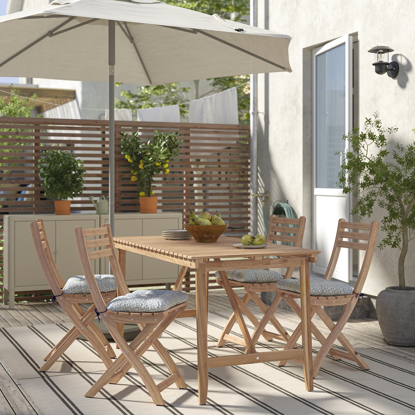 ASKHOLMEN table+4 folding chairs, outdoor acacia/Klösan blue - IKEA