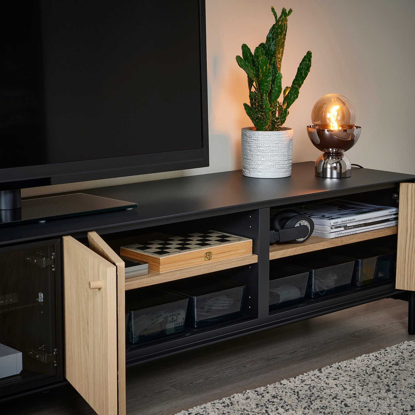 BOASTAD TV bench black/oak veneer - IKEA