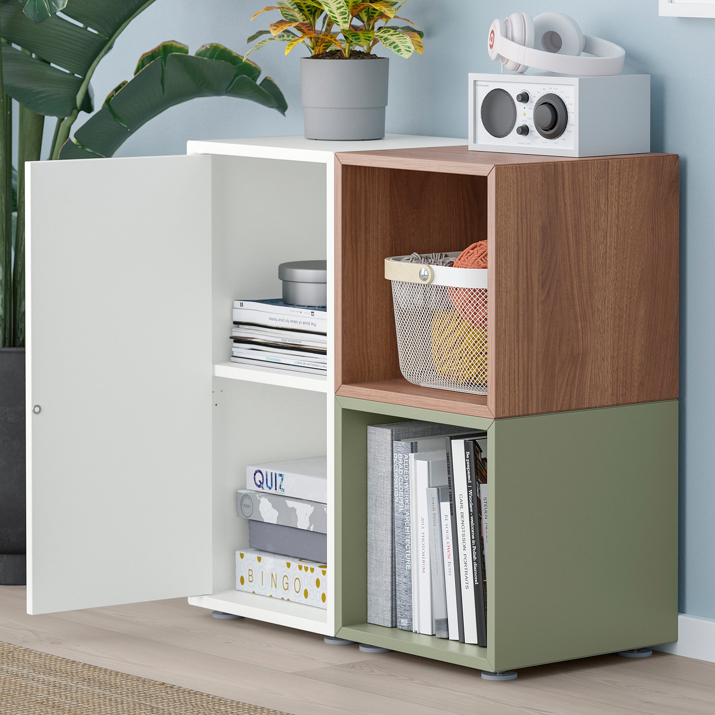 EKET cabinet combination with feet white/walnut effect grey-green - IKEA