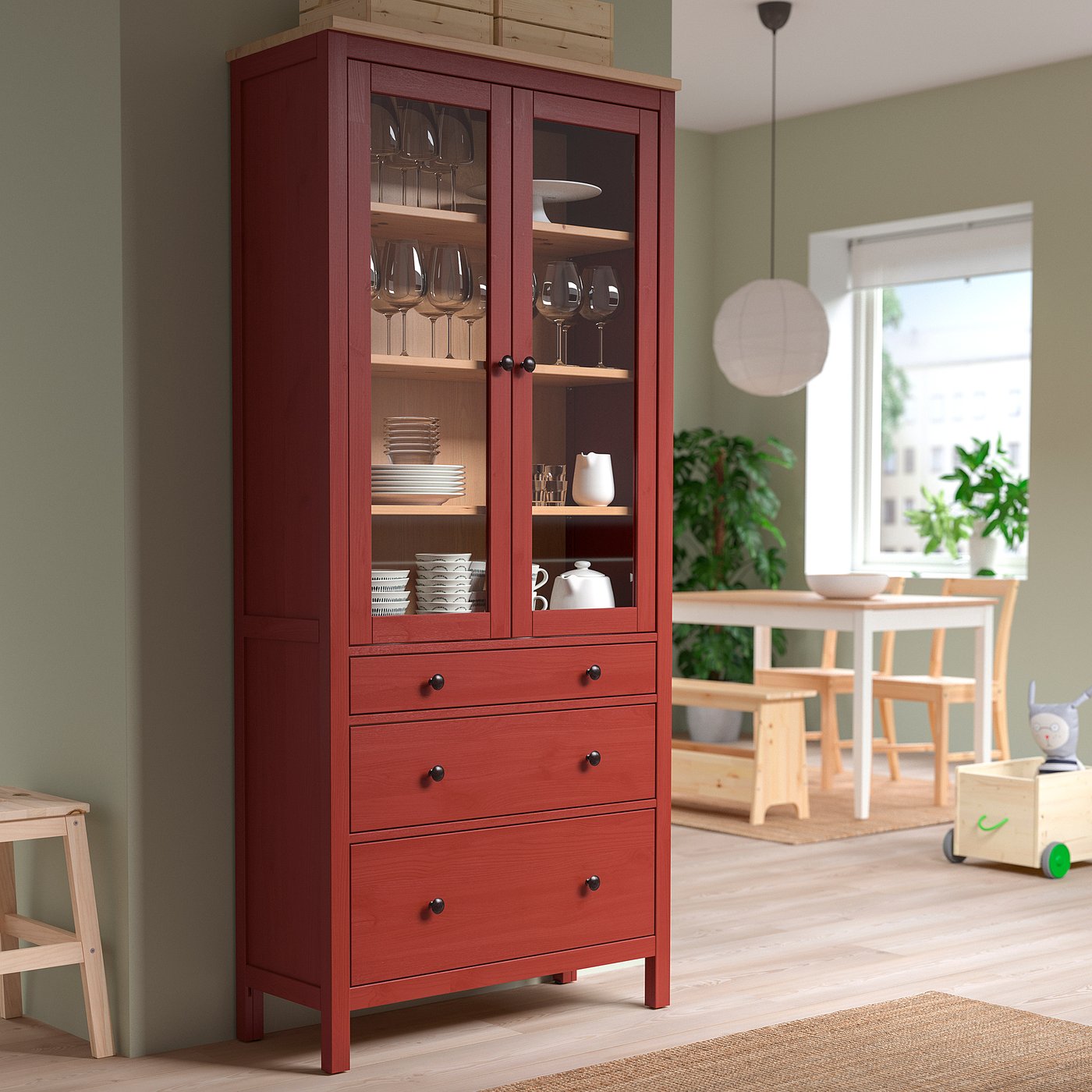 HEMNES glass-door cabinet with 3 drawers red stained/light brown ...