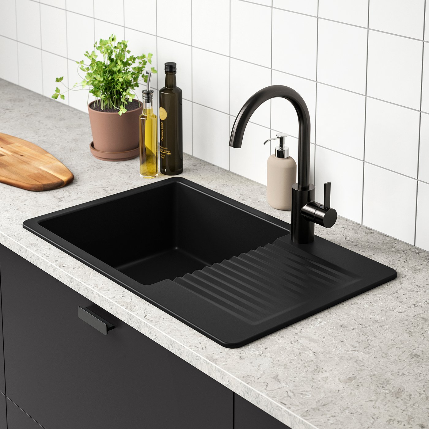 KILSVIKEN inset sink, 1 bowl with drainboard black/quartz composite - IKEA