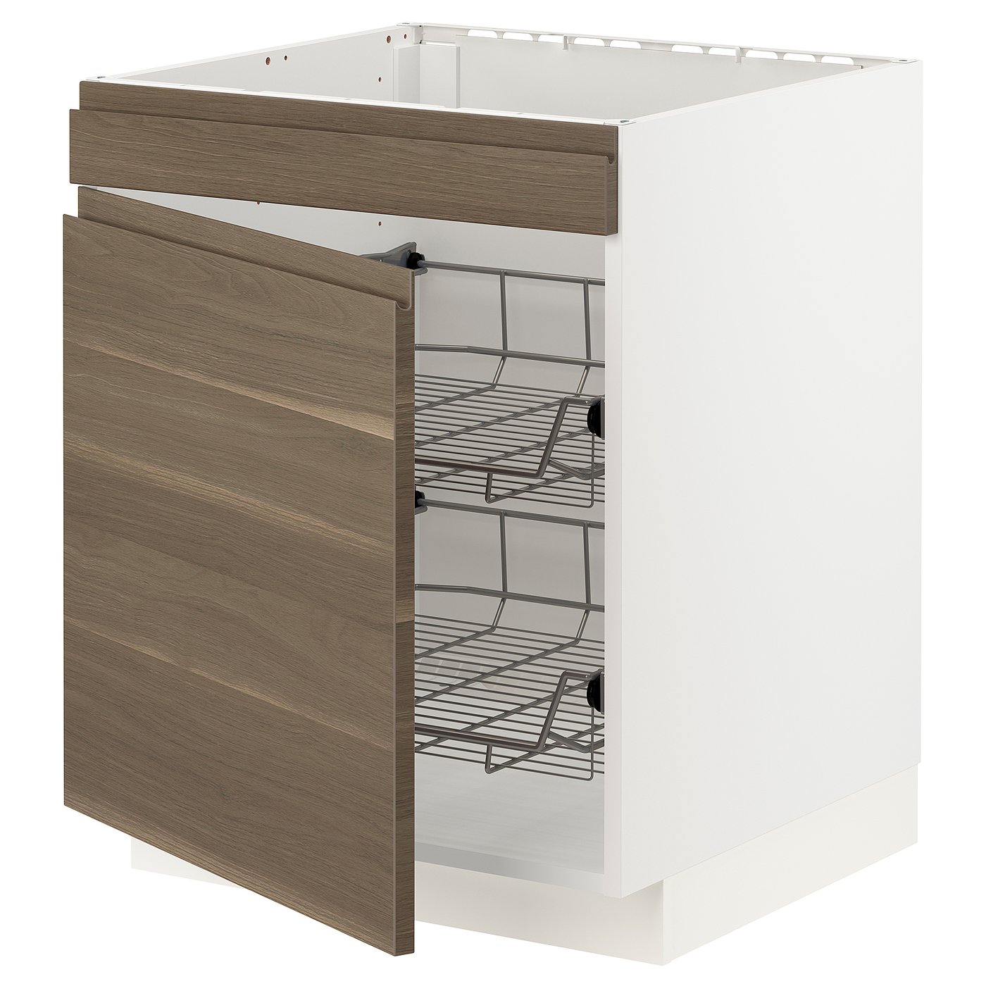 METOD base cab f hob/drawer/2 wire bskts white/Voxtorp walnut effect - IKEA