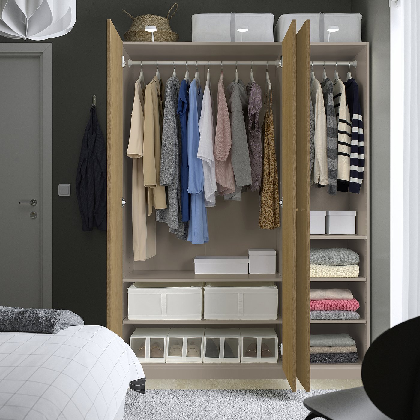 PAX / STORKLINTA wardrobe combination grey-beige/oak effect - IKEA