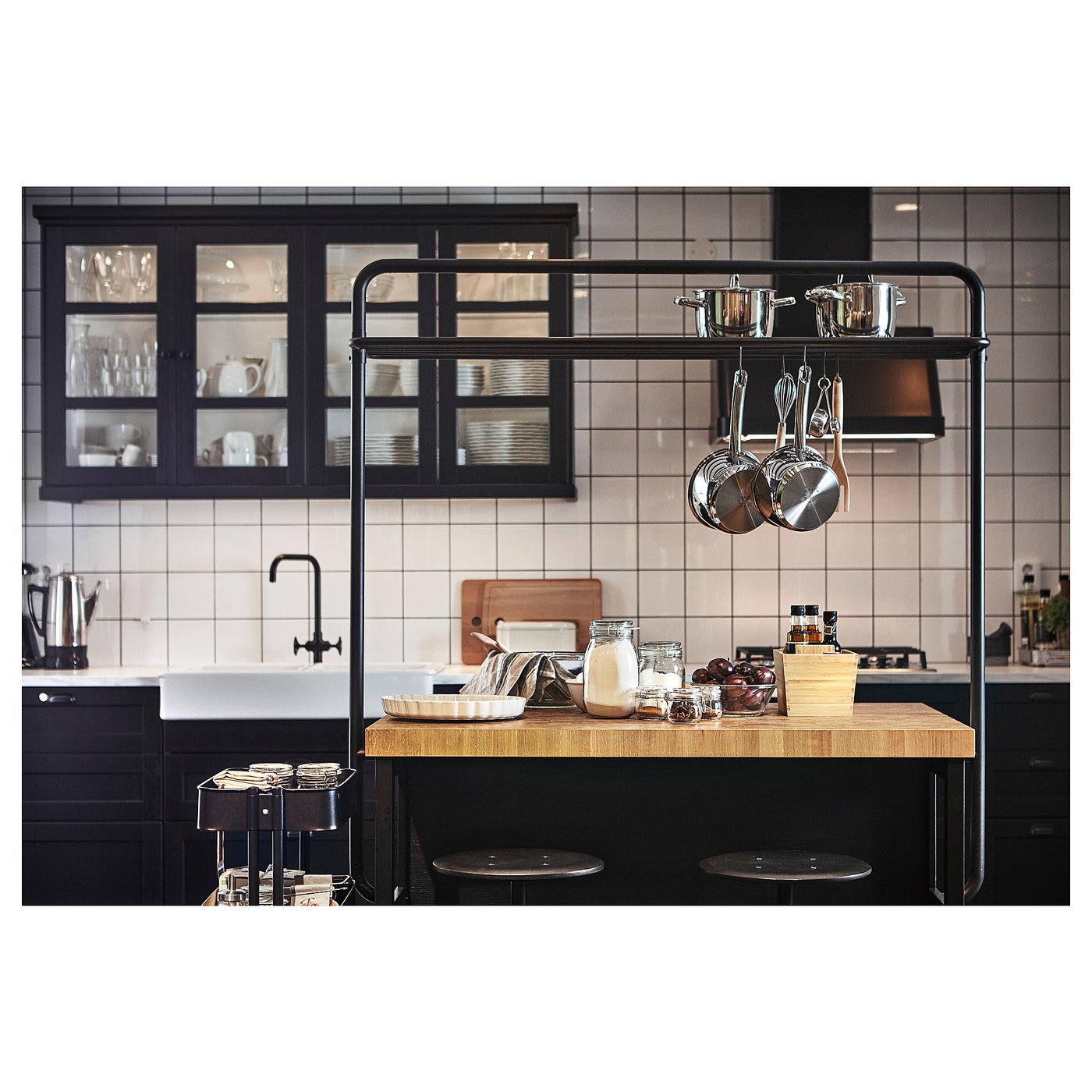 VADHOLMA kitchen island with rack black/oak - IKEA