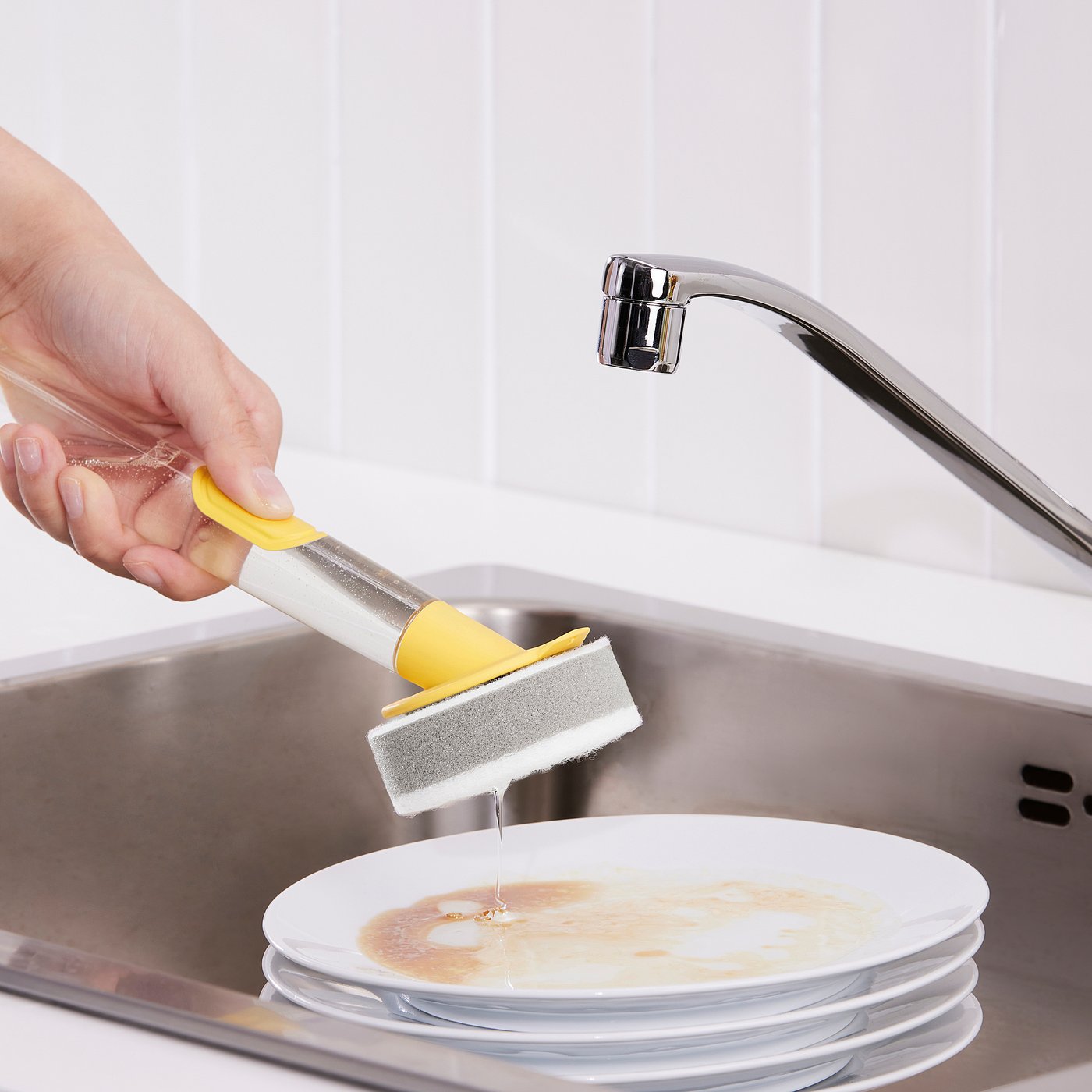 VIDEVECKMAL 3-piece dish sponge set w dispenser bright yellow - IKEA